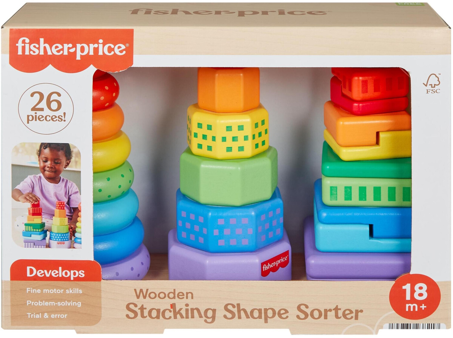 Fisher-Price Clasificador de formas apilable, madera, 26 piezas, 18 ...