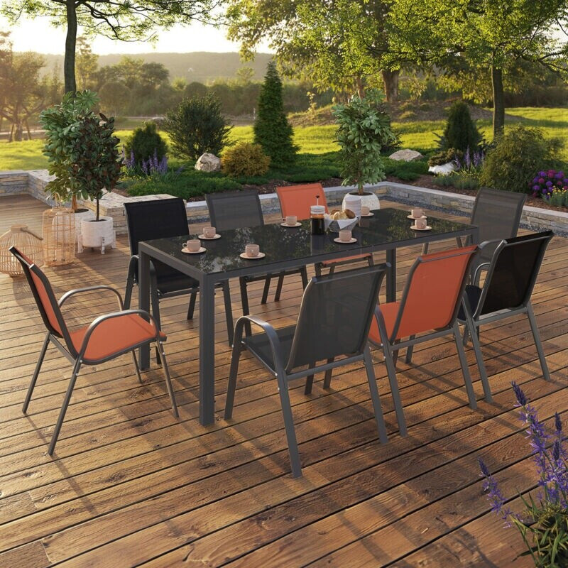 IDMarket Madrid Gartenset Tisch 190cm und 8 Stapelstühle, grau/schwarz ...