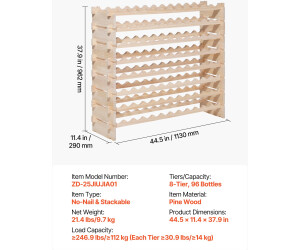 VEVOR Botellero modular apilable, 96 botellas, 8 niveles, madera (ZD ...