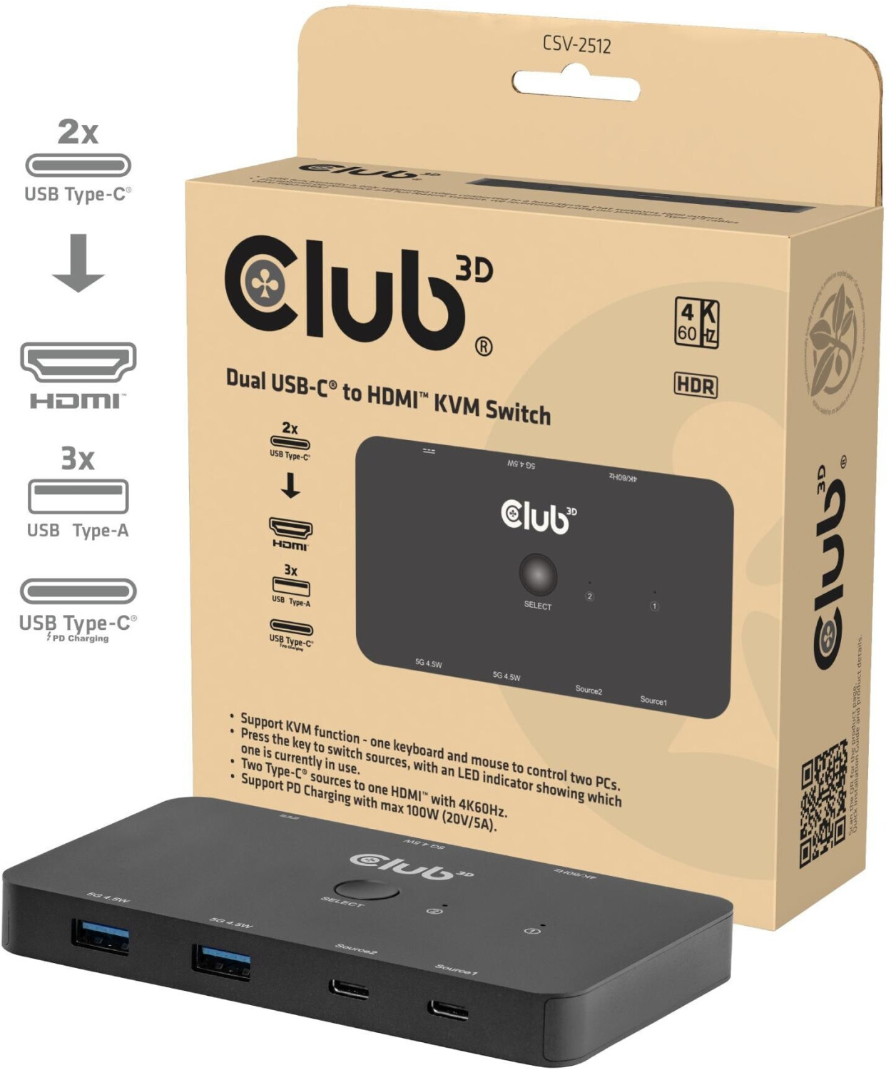 Club3D CSV-2512 Dual USB-C zu HDMI KVM-Switch PD3.0 100W 4K60Hz (CSV ...