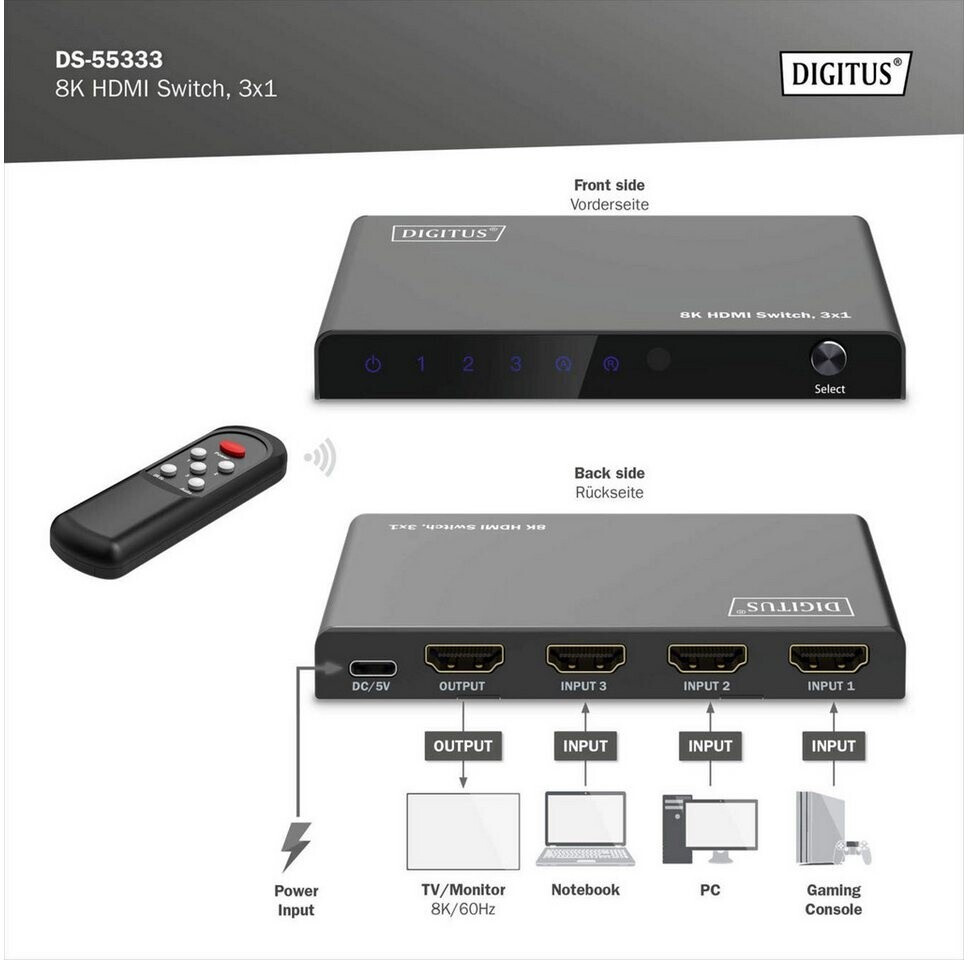 Digitus HDMI-Switch 3x1 8K/60Hz HDR HDCP 2.3 (DS-55333) ab 41,51 ...