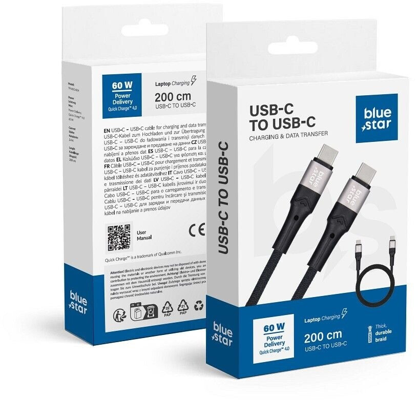 Blue Star Câble USB-C/USB-C Power Delivery 60W, tressé, 2m (KBL-BSTAR ...