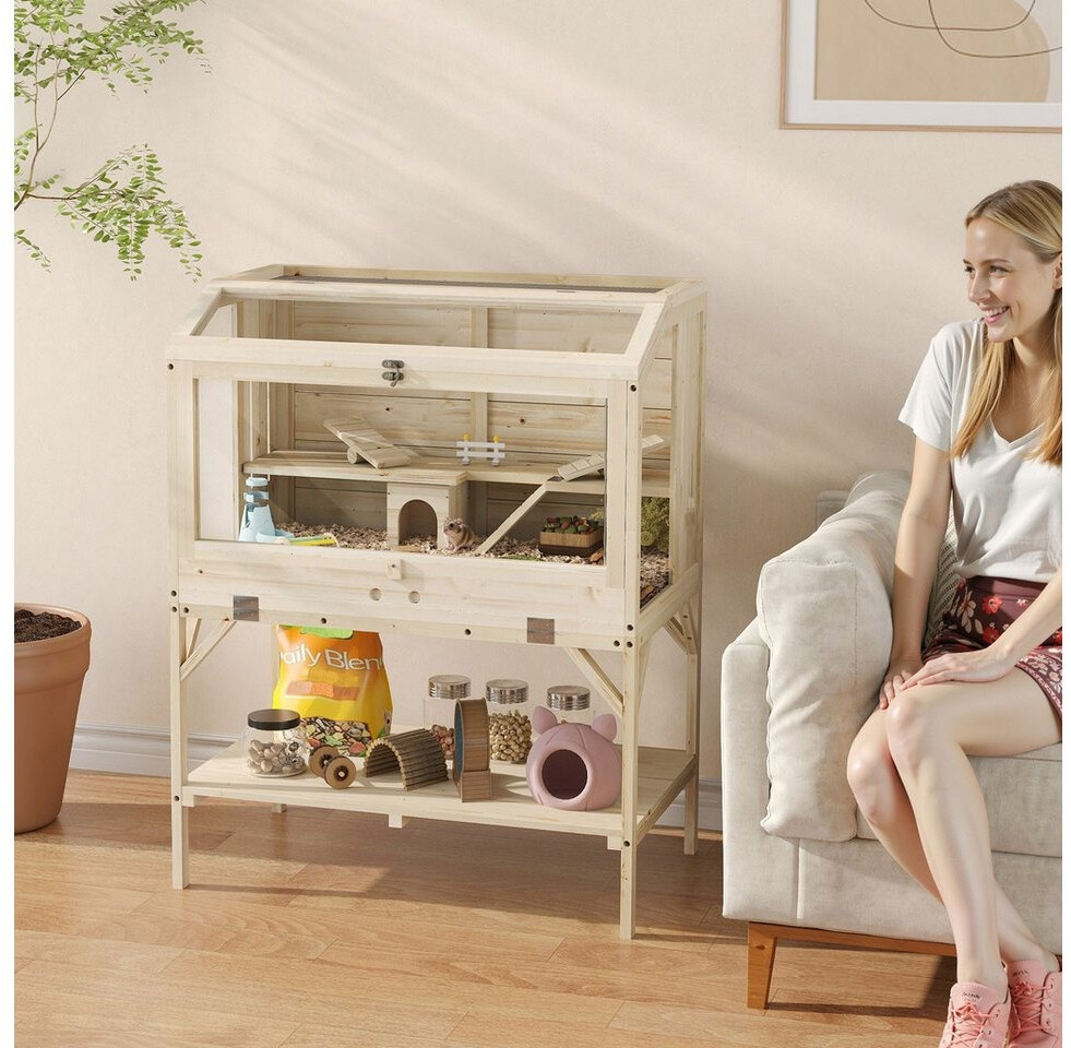 Pawhut Kleintierkäfig mit Laufrad und Hütte 84 x 53 x 110 cm Natur ab ...